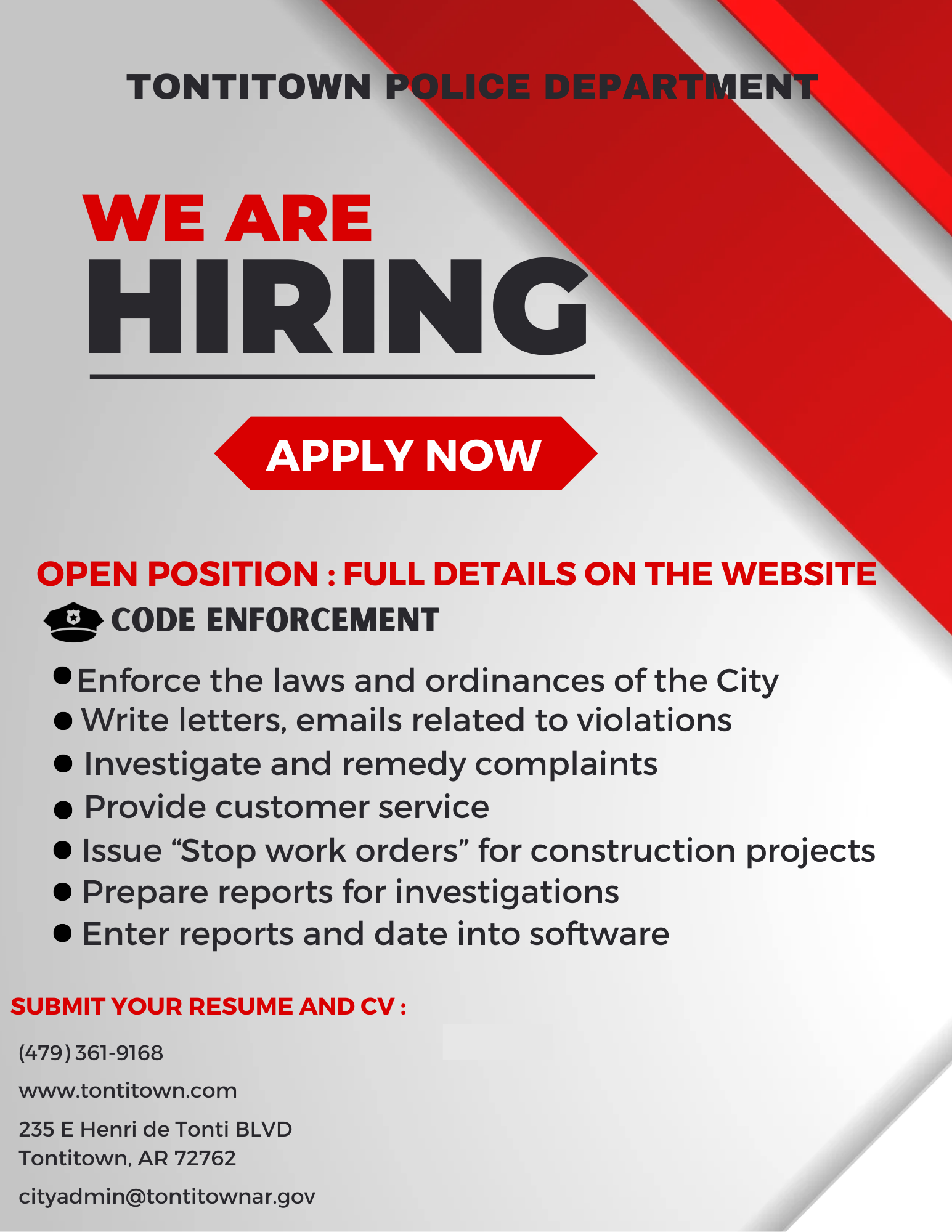 FILLED-JOB OPENING-Tontitown Police Department | City of Tontitown ...